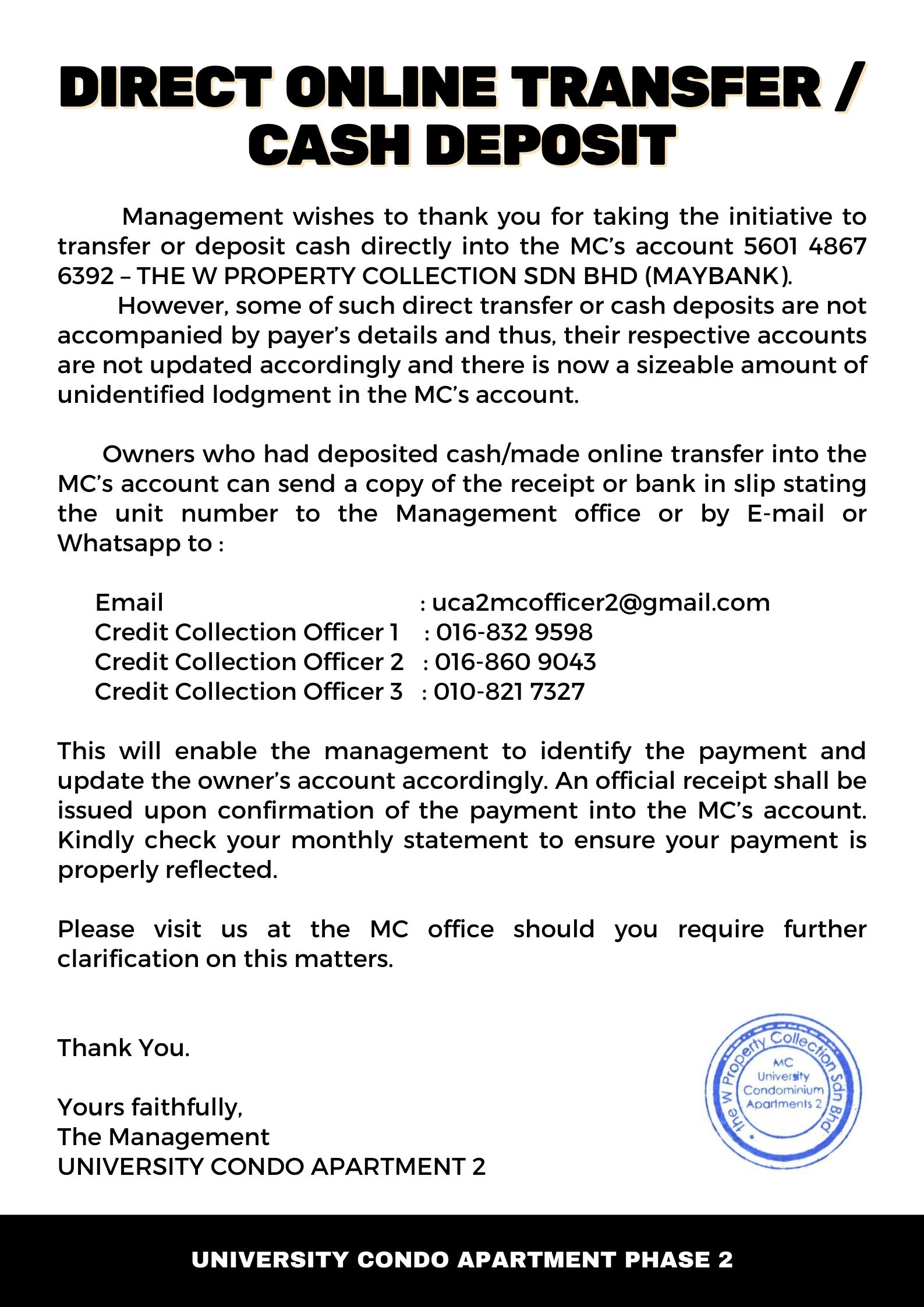 DIRECT ONLINE TRANSFER / CASH DEPOSIT NOTICE – UCA2MC