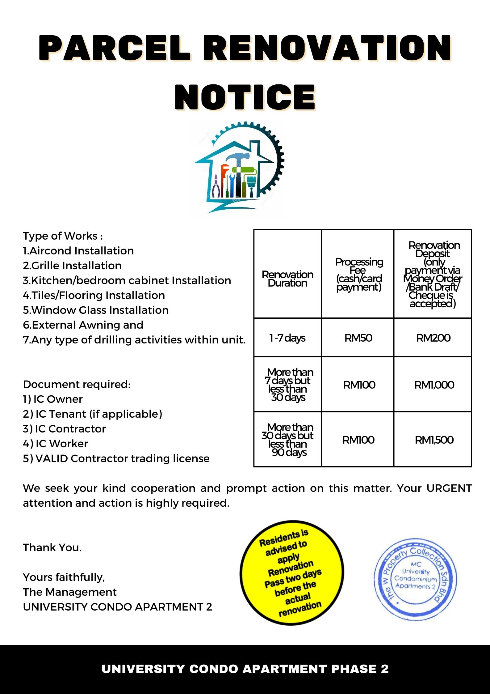 PARCEL RENOVATION NOTICE – UCA2MC